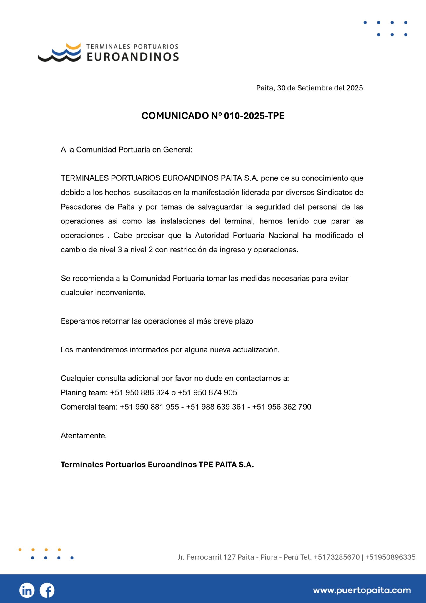 COMUNICADO N° 010-2025-TPE – Terminales Portuarios EUROANDINOS
